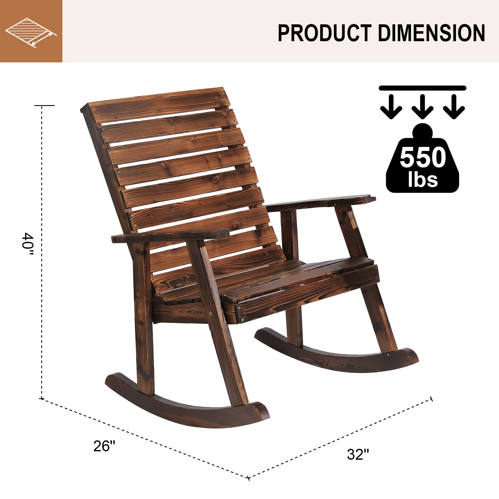 FURNDOOR Outdoor Rocking Chairs Set of 2, Patio Wood Rocker Chairs High Back 2PCS Rocking Chairs for Deck, Garden, Backyard, Porch