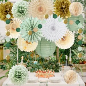 Sage Party Decorations Sage Green and Gold Paper Pom Poms Paper Fans Lanterns Sage Gold Glitter Dots Hanging Party Garland for Sage Birthday Wedding Bridal Shower Graduation Party Decor