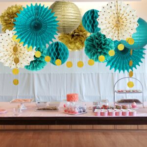 Teal Blue and Gold Party Decoration Tissue Pom Poms Flowers Teal Paper Fans Lanterns Gold Circle Dot Garland for Teal Gold Wedding Bridal Shower Engagement Women Birthday Turquoise Party Decorations