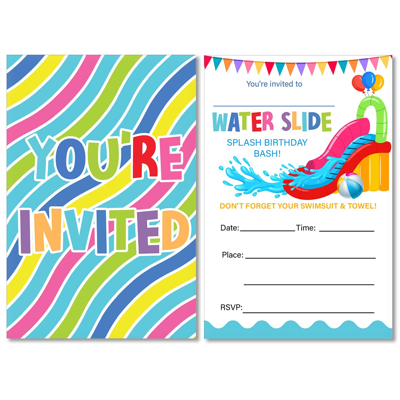 Water Slide Party Invitations with Envelopes Set of 20 Summer Waterslide Theme Birthday Party Invites Fill in Blank