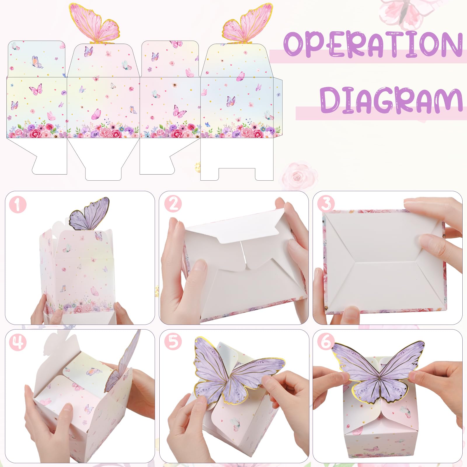 Qilery 24 Pcs Butterfly Party Favor Treat Boxes Pink and Purple Gift Boxes Butterfly Floral Boxes Three Dimensional Paper Candy Boxes Butterfly Decorations for Chocolate Present Wedding Baby Shower