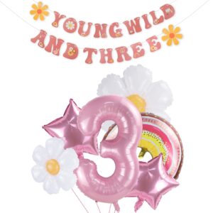 young wild and three decorations girl banner,3rd birthday party decorations,groovy retro hippie boho daisy flower rainbow and pink stars foil balloon for birthday party supplies