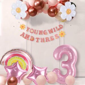 Young Wild and Three Decorations Girl Banner,3rd Birthday Party Decorations,Groovy Retro Hippie Boho Daisy Flower Rainbow And Pink Stars Foil Balloon For Birthday Party Supplies