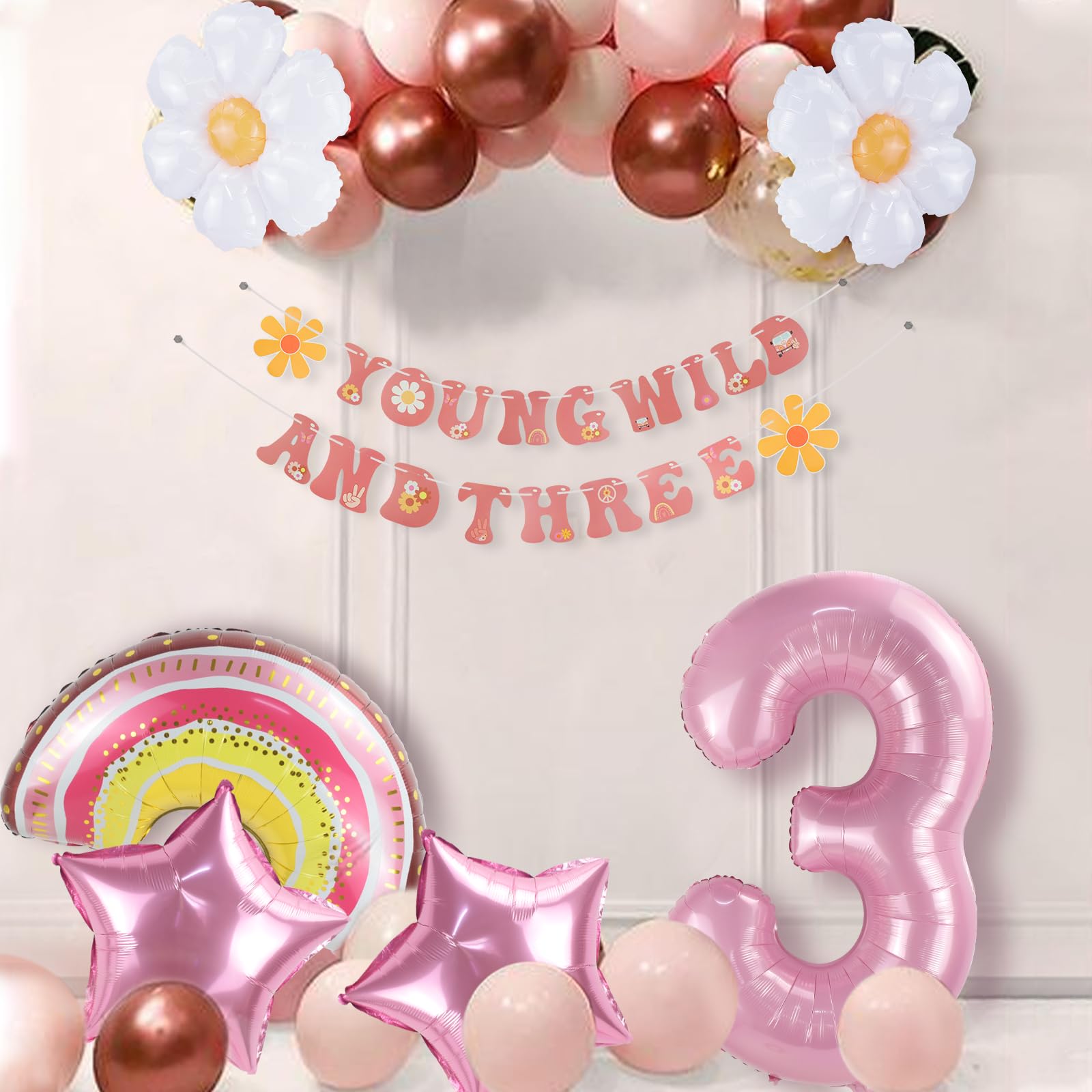 Young Wild and Three Decorations Girl Banner,3rd Birthday Party Decorations,Groovy Retro Hippie Boho Daisy Flower Rainbow And Pink Stars Foil Balloon For Birthday Party Supplies