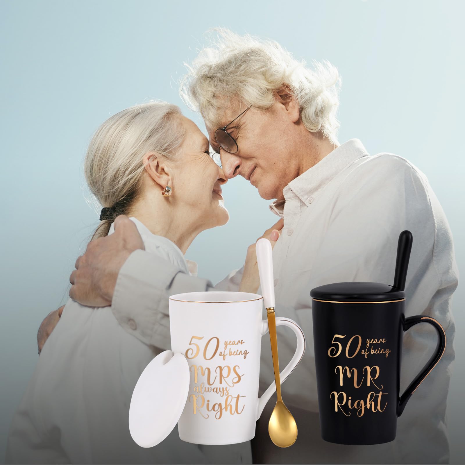 YHRJWN - 50th Wedding Gifts, 50 Years of Being Mr & Mrs Always Right Mug Set, Wedding Gifts Ideas for Parents Couple, 14 Oz with Lids and Gift Box