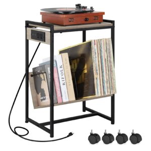 oyeal vinyl record storage shelf 2 tier record player stand with charging station grey album storage rack with wheels vinyl record display holder for living room music room, grey