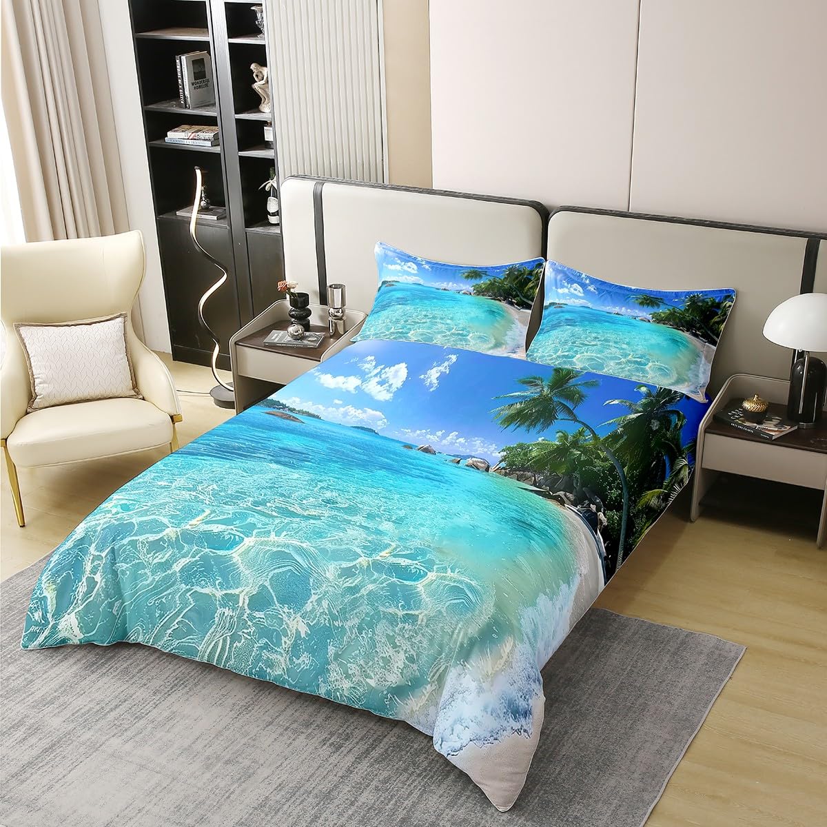 Ocean 100% Cotton Duvet Cover Queen, Palm Leaves Printd Comforter Cover, Summer Beach Decor Hawaiian Vacation Style Bedding Set, Green Palm Trees Tropical Nature Sea Theme Quilt Cover 3Pcs