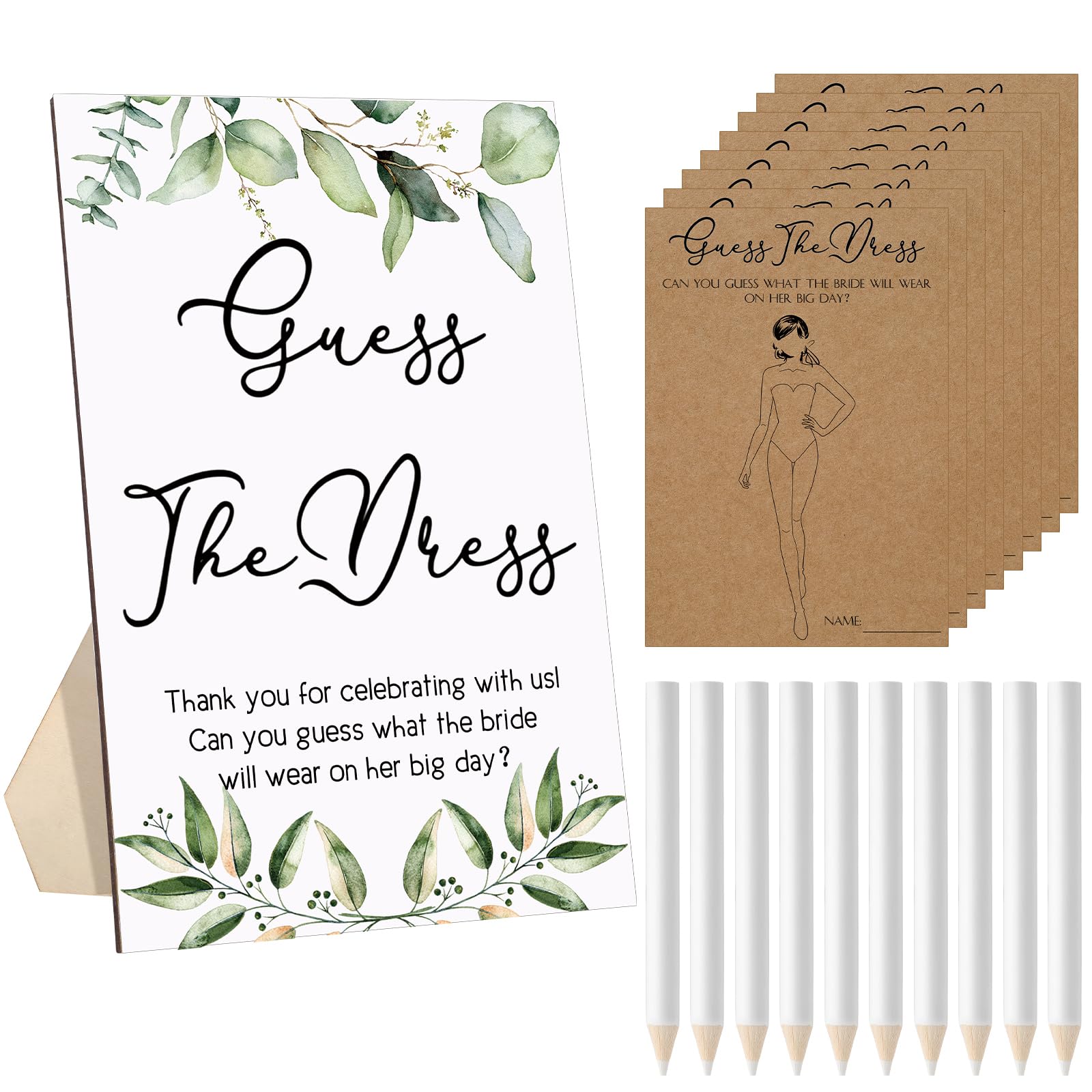 Seajan Guess The Dress Bridal Shower Game Wooden Game Sign Fun Bridal Shower Games Table Sign 50 Small Guessing Cards 50 Pencils for Guests Wedding Games Bachelorette Party Supplies (Green Leaves)