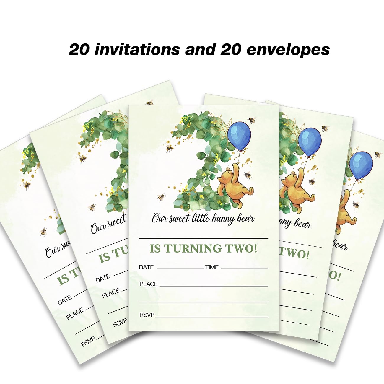 Dolimifa Winnie the Pooh 2nd Birthday Invitations Fill in Style Greenery Winnie the Pooh Blue Balloon Little Hunny Bear Winnie Second Birthday Invites for 2 Year Old, 20 Count With Envelopes