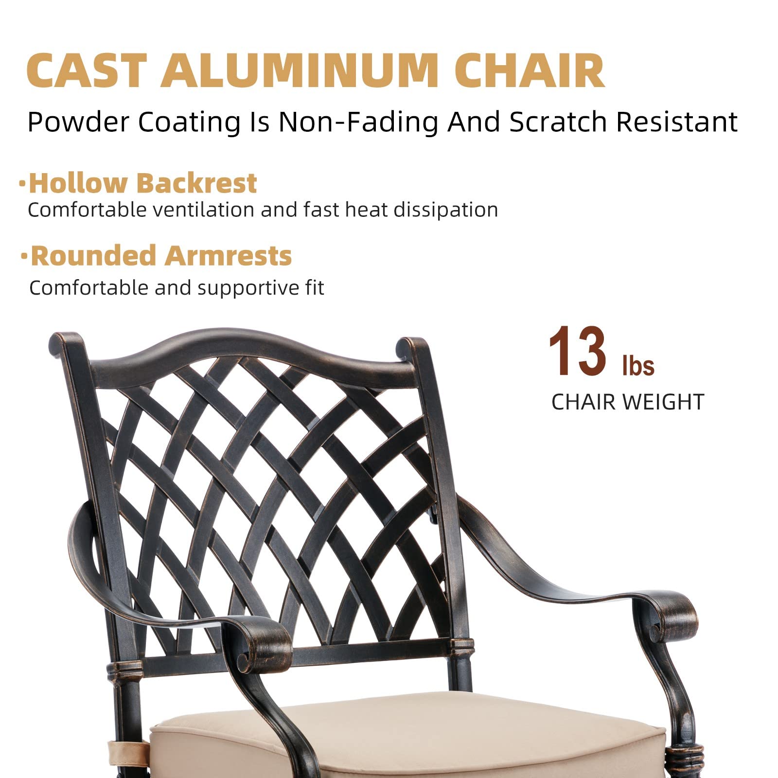 2 Pcs Outdoor Cast Aluminium Dining Chairs Set - All Weather Patio Chairs with Removable Cushions, Antique Brass Patio Chairs with Armrests Backrests for Bistro, Restaurant, Garden, Backyard