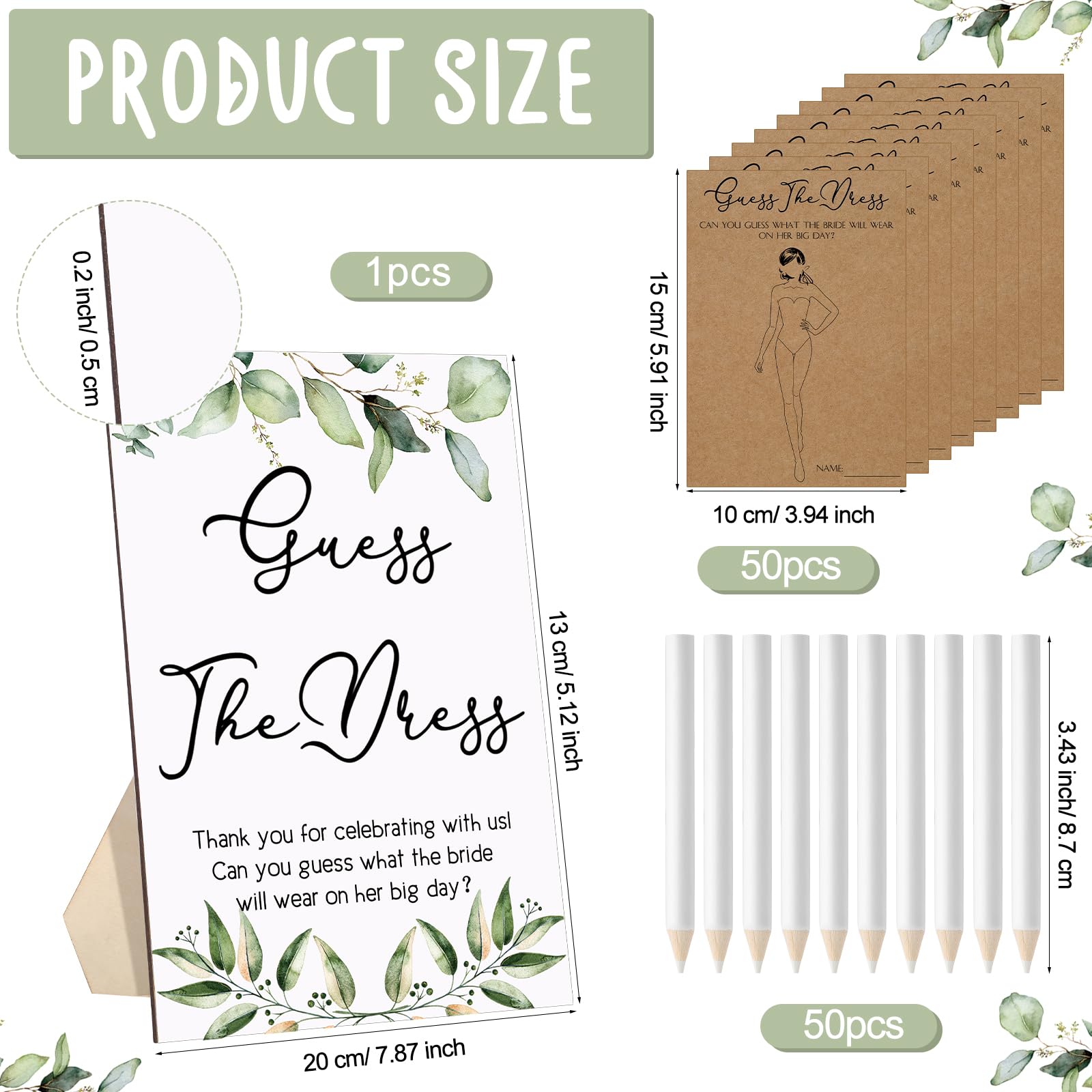 Seajan Guess The Dress Bridal Shower Game Wooden Game Sign Fun Bridal Shower Games Table Sign 50 Small Guessing Cards 50 Pencils for Guests Wedding Games Bachelorette Party Supplies (Green Leaves)