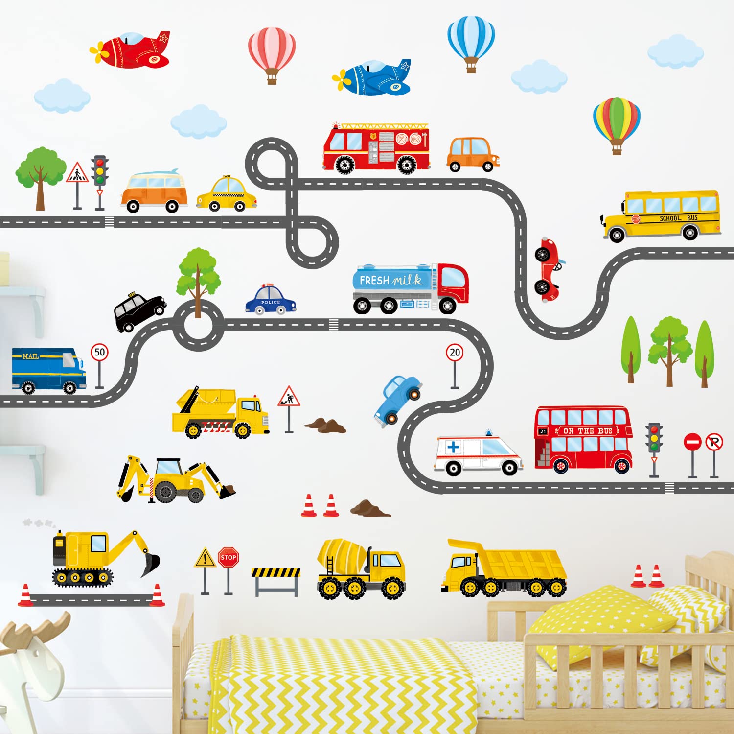 DECOWALL SG3-2308 Transports and Road Wall Stickers Decals Kids Peel and Stick Removable for Nursery Bedroom Living Room décor Construction Car Truck Tractor Boys Playroom…