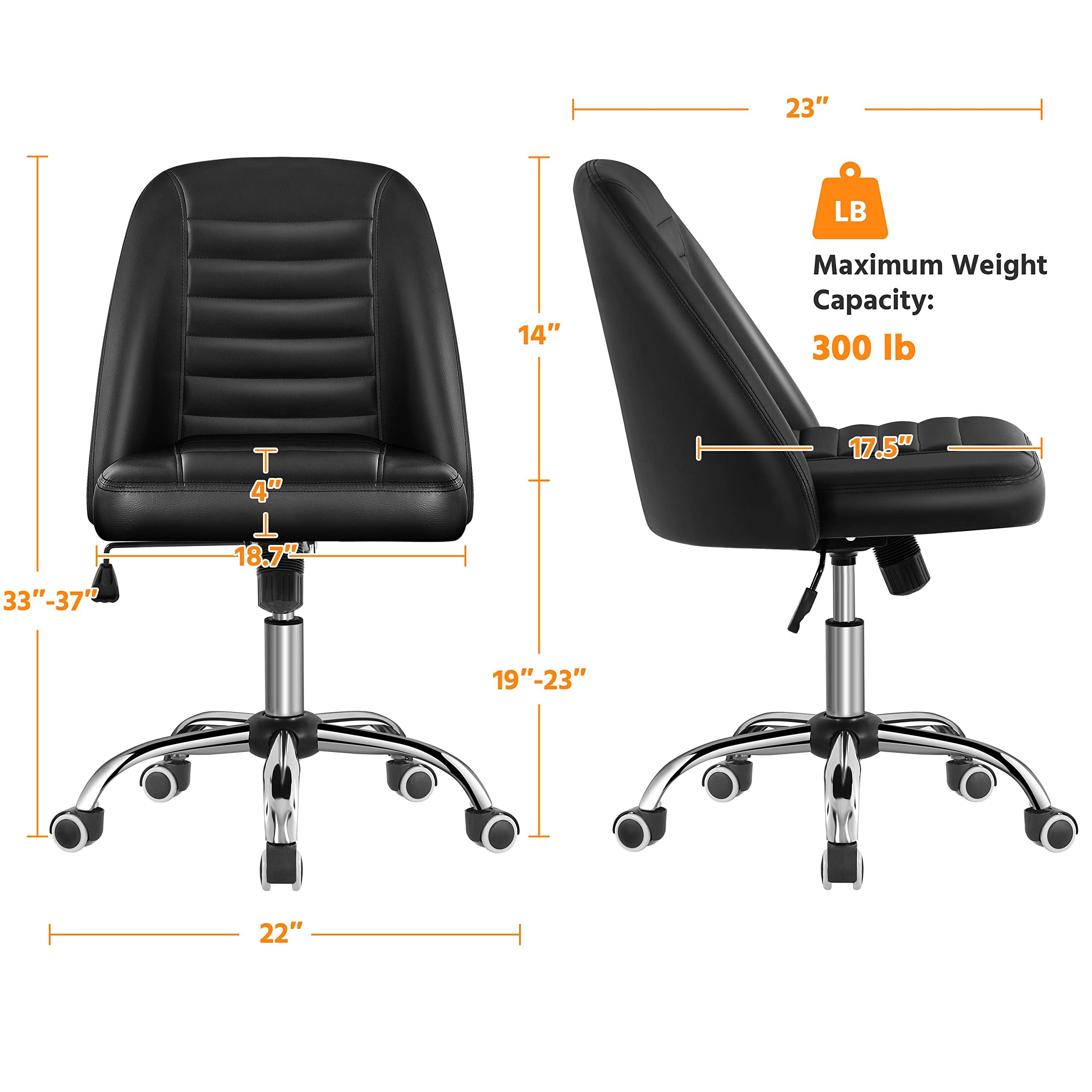 Yaheetech PU Leather Armless Office Chair, Mid Back Desk Chair,Computer Task Chair, Modern Vanity Chair with Rolling Wheels, Metal Base Black