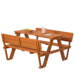 Gardenised Wooden Kids Picnic Bench with Backrest, Outdoor Children's Backyard, Crafting, Dining, and Playtime Patio Table, Stained