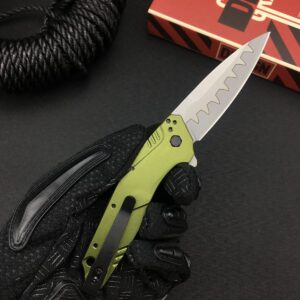 Flipper Assisted Opening Pocket Knife, 3.15 inch Composite Steel Blade, Liner Lock Mechanism, Olive Green Aluminum Handle, Dividend Folding Knife with Pocket Clip for Camping