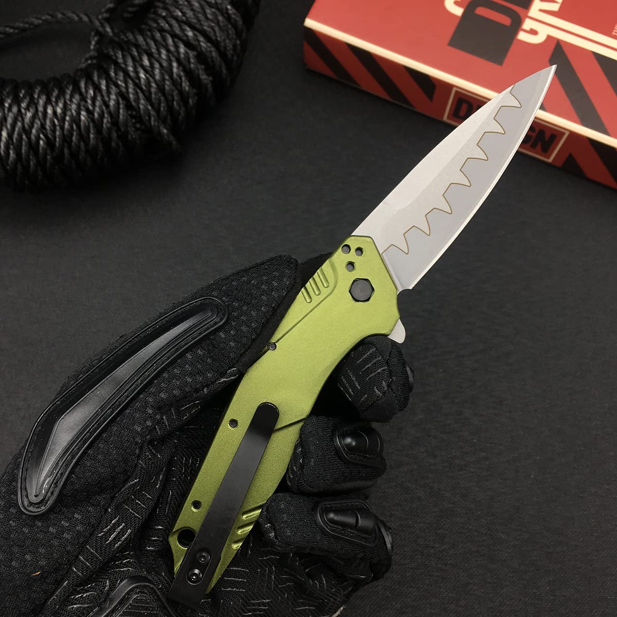 Flipper Assisted Opening Pocket Knife, 3.15 inch Composite Steel Blade, Liner Lock Mechanism, Olive Green Aluminum Handle, Dividend Folding Knife with Pocket Clip for Camping