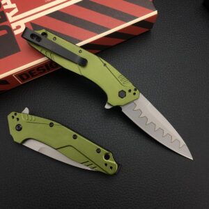 Flipper Assisted Opening Pocket Knife, 3.15 inch Composite Steel Blade, Liner Lock Mechanism, Olive Green Aluminum Handle, Dividend Folding Knife with Pocket Clip for Camping