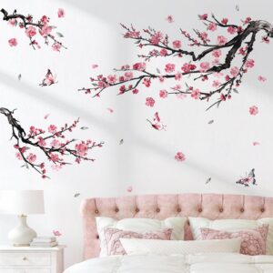 decalmile watercolor pink flower branch wall decals blossom tree branches floral wall stickers living room bedroom sofa tv background wall decor