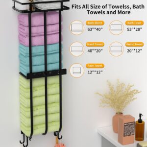 Towel Racks with Metal Storage Shelves Shelf for Rolled Towels, 3 Bar Towel Storage for Bathroom Wall Mounted, Towel Organizer for Folded Large Towel Washcloths, Bath Towel Holder Shelf with 4 Hooks