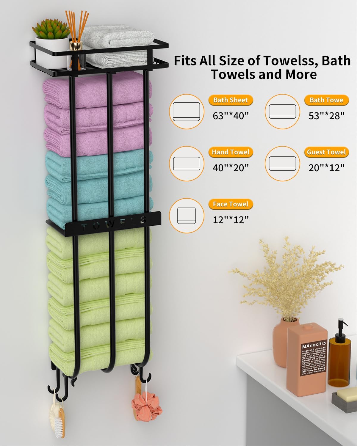 Towel Racks with Metal Storage Shelves Shelf for Rolled Towels, 3 Bar Towel Storage for Bathroom Wall Mounted, Towel Organizer for Folded Large Towel Washcloths, Bath Towel Holder Shelf with 4 Hooks