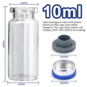 Alyoen 100 Pack 10ml Glass Vials Clear Glass Headspace Vial with Plastic-Aluminum Flip Caps, Rubber Stoppers and Label Papers, Small Glass Lab Vials