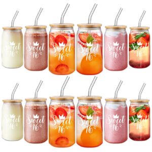 lallisa 12 pack sweet 13/16/18th gifts for girls 16 oz glass cups with lids and straws 13/16/18th birthday party favors for her 16oz coffee glass cups for daughter birthday gift(cute 16th style)