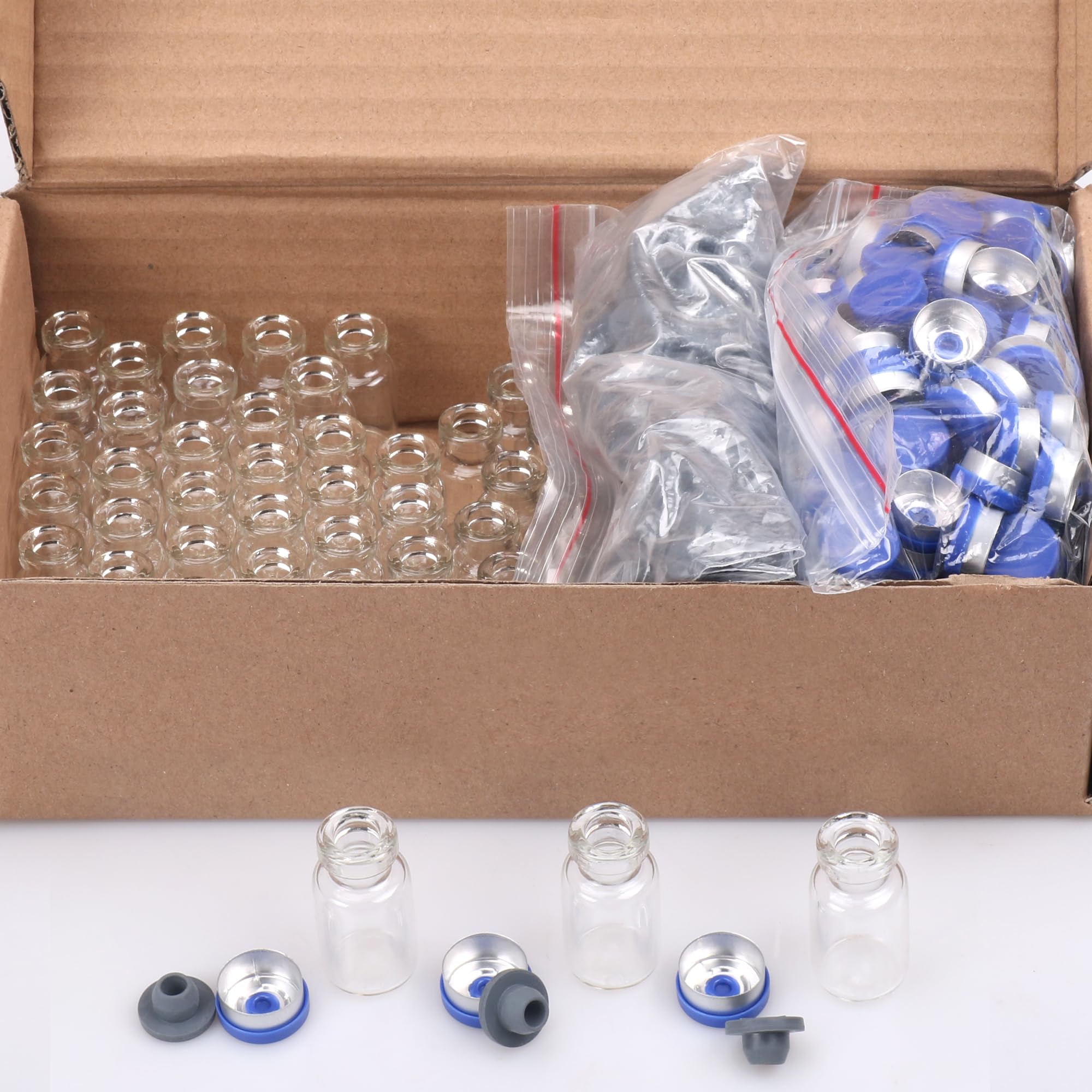 Alyoen 100 Pack 10ml Glass Vials Clear Glass Headspace Vial with Plastic-Aluminum Flip Caps, Rubber Stoppers and Label Papers, Small Glass Lab Vials