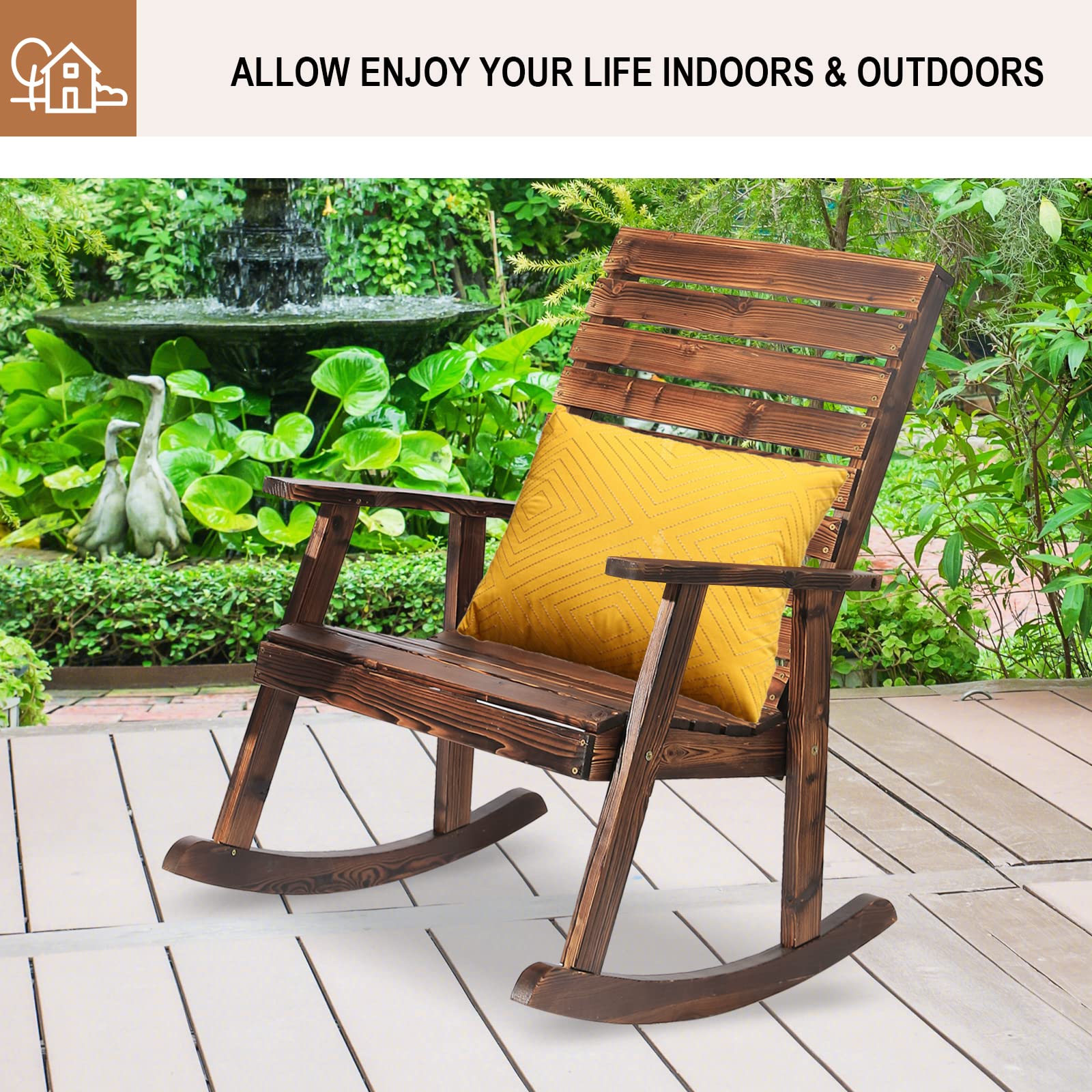 FURNDOOR Outdoor Rocking Chairs Set of 2, Patio Wood Rocker Chairs High Back 2PCS Rocking Chairs for Deck, Garden, Backyard, Porch