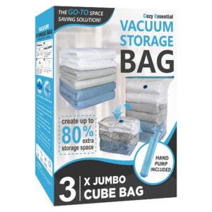 3 pack cube vacuum storage bags, jumbo vacuum cubes for storage vacuum sealed, extra large space saver vacuum storage bags for bedding, clothes, comforters, blanket, duvets