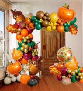 fall colors balloon garland arch kit 121pcs burnt orange maroon green gold with little pumpkin balloons for autumn harvest theme baby shower thanksgiving friendsgiving turkey party decoration