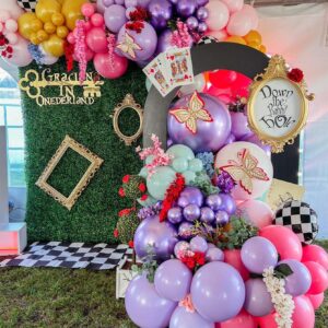 Enanal Alice in Wonderland Balloon Garland Arch Kit, 163pc Purple Pink Rainbow Balloons with Chessboard Balloons for Spring Tea Party Onederland Birthday Baby Shower Party Decorations