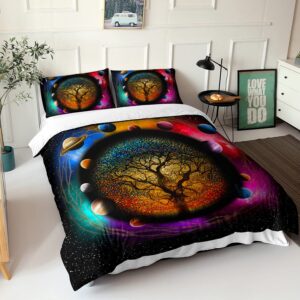 AILONEN Space Duvet Cover Set Queen Size, Tree of Life Planet Style Bedding Set-Galaxy Starry Theme Breathable Comforter Cover 3-Piece-Set, 1 Quilt Cover and 2 Pillowcases