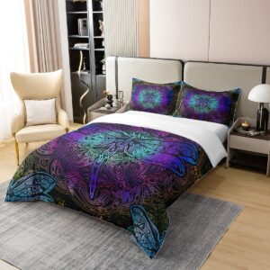 Erosebridal Bohemian Dragonfly 100% Cotton Duvet Cover King Mandala Paisley Bedding Set Purple Dragonfly Comforter Cover Tie Dye Trippy Gypsy Iridescent Chic Hippie Quilt Cover, 3 Pcs