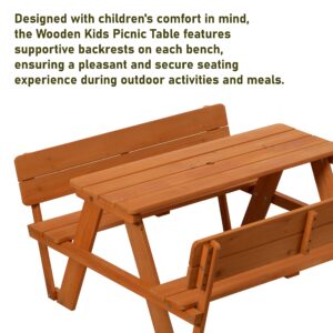 Gardenised Wooden Kids Picnic Bench with Backrest, Outdoor Children's Backyard, Crafting, Dining, and Playtime Patio Table, Stained