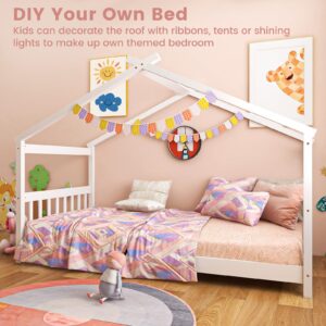 Giantex House Bed Twin, Solid Wood Kids House Bed with Roof, Headboard and Footboard, Low Floor Twin Bed Frame for Toddlers Teens Girls Boys, No Box Spring Needed, White