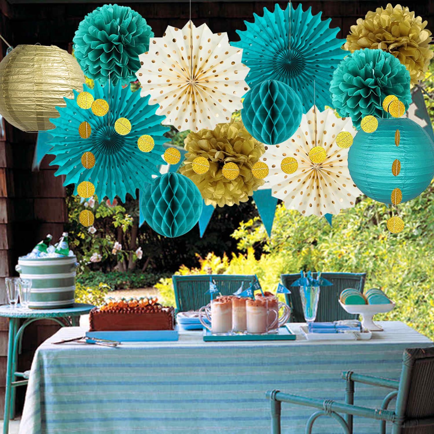 Teal Blue and Gold Party Decoration Tissue Pom Poms Flowers Teal Paper Fans Lanterns Gold Circle Dot Garland for Teal Gold Wedding Bridal Shower Engagement Women Birthday Turquoise Party Decorations