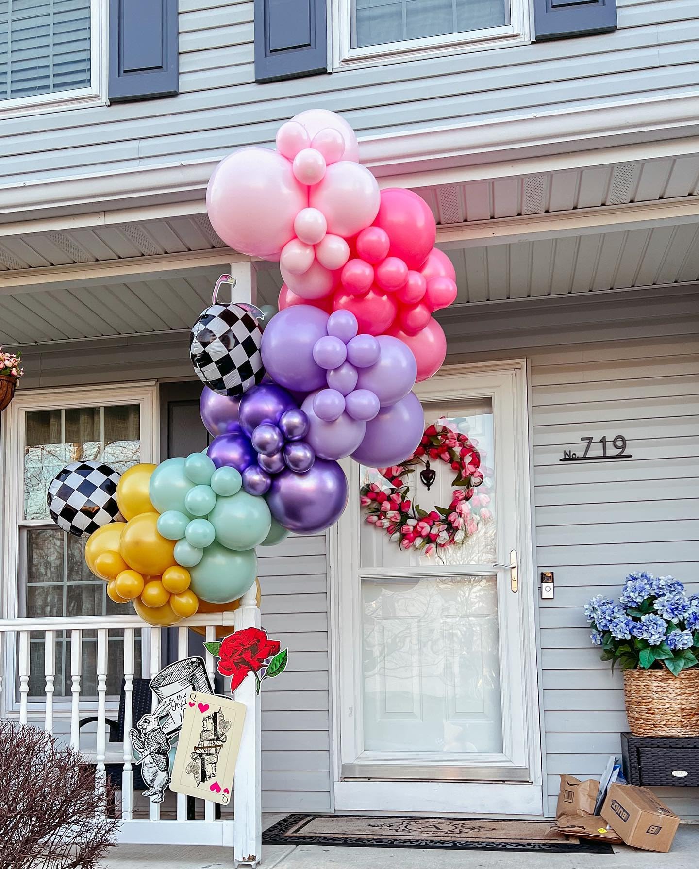 Enanal Alice in Wonderland Balloon Garland Arch Kit, 163pc Purple Pink Rainbow Balloons with Chessboard Balloons for Spring Tea Party Onederland Birthday Baby Shower Party Decorations