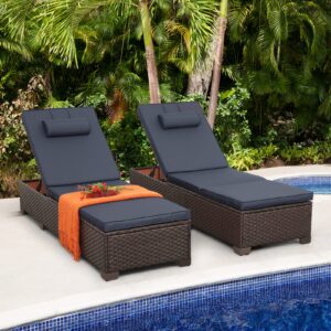 outdoor pe wicker chaise lounge set, patio lounge chairs, outside pool lounger furniture set of 2, brown rattan recliners with adjustable backrest, and navy blue cushions