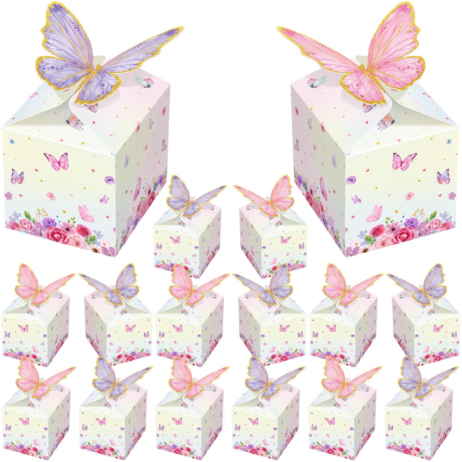 Qilery 24 Pcs Butterfly Party Favor Treat Boxes Pink and Purple Gift Boxes Butterfly Floral Boxes Three Dimensional Paper Candy Boxes Butterfly Decorations for Chocolate Present Wedding Baby Shower