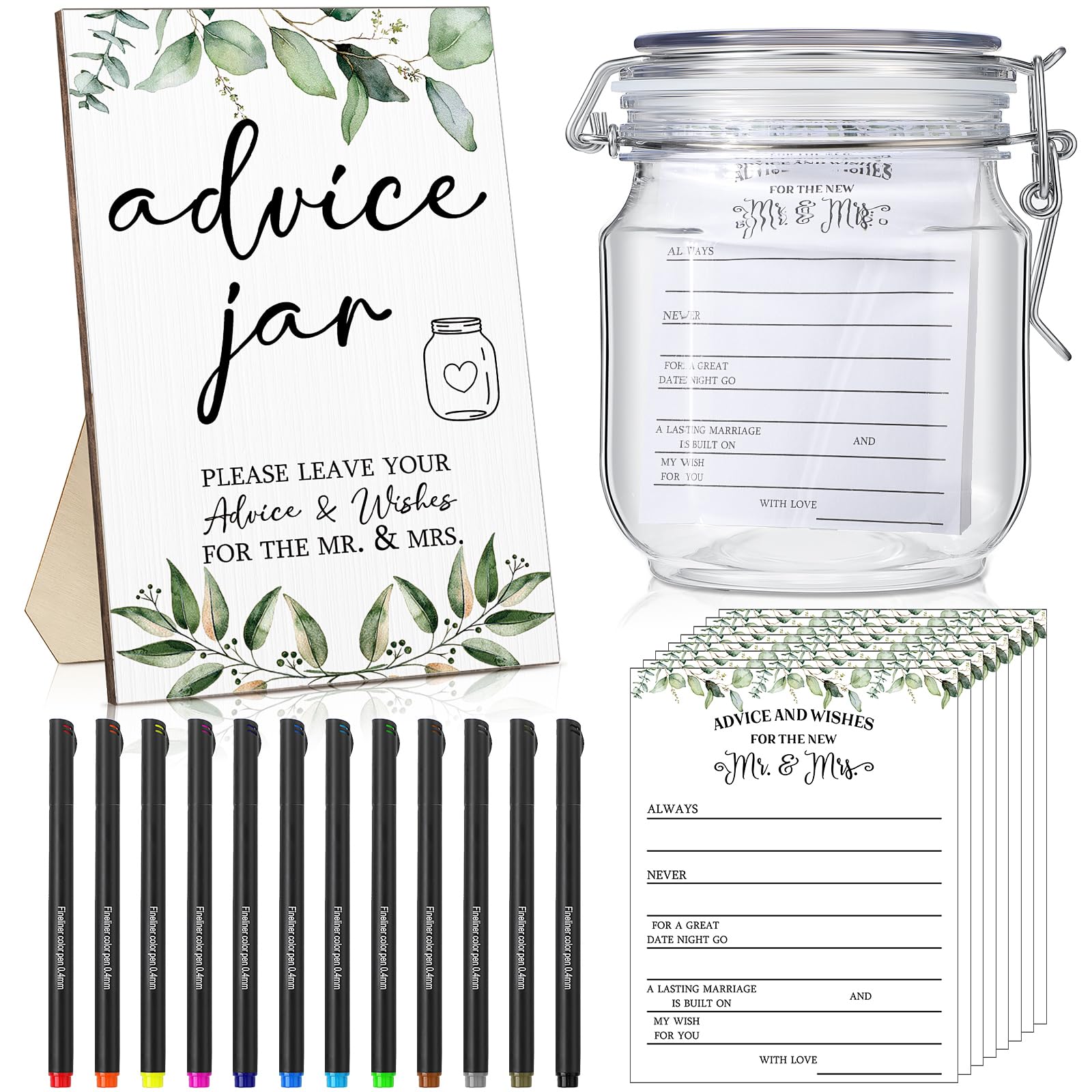 Sintuff 114 Pieces Greenery Bridal Shower Decoration Include Advice and Wishes for the Mr and Mrs Wedding Advice Sign with Holder 100 Advice and Wishes Cards 12 Pens PET Wedding Wish Jar for Guest