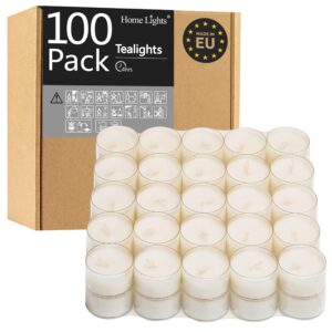 tealight candles, giant 100,200,300 bulk packs, 4-4.5 hrs white unscented european smokeless clear cup tea lights for shabbat, weddings, christmas, home decorative- 100 pack