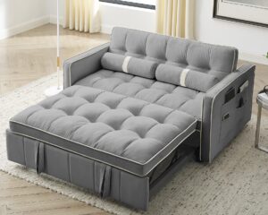 lktart modern 55.5" pull out velvet sleep sofa bed with side pockets adjsutable backrest and lumbar pillows for apartment office living room grey