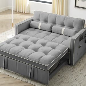 LKTART Modern 55.5" Pull Out Velvet Sleep Sofa Bed with Side Pockets Adjsutable Backrest and Lumbar Pillows for Apartment Office Living Room Grey