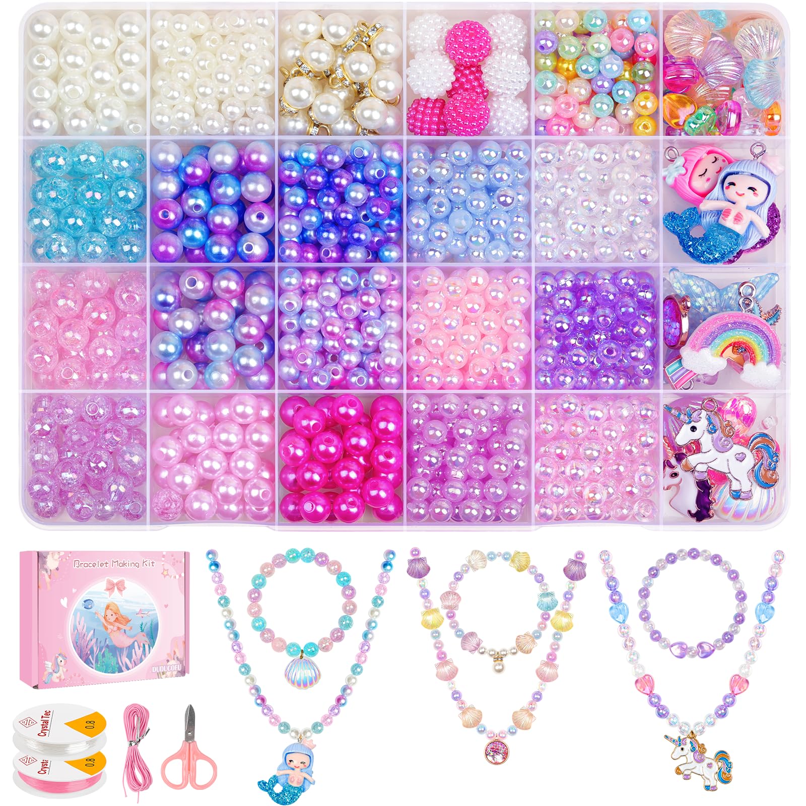 DUDUCOFU 900Pcs Mermaid Bracelet Making Kit for Girls Kids Charm DIY Beads for Jewelry Making, Friendship Bracelet Kit with Ocean Pearl Shell Butterfly Beads for Bracelet Necklace Making