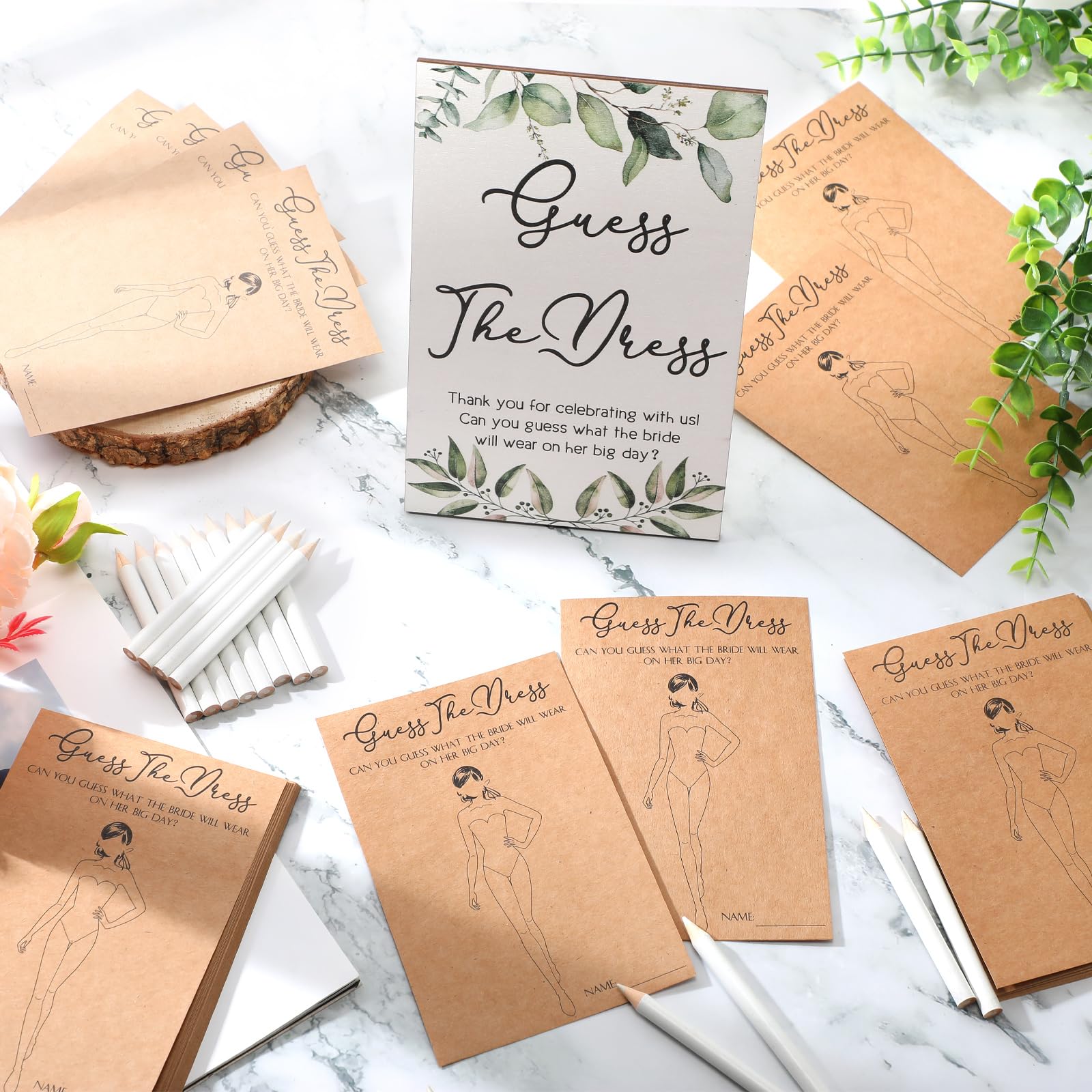 Seajan Guess The Dress Bridal Shower Game Wooden Game Sign Fun Bridal Shower Games Table Sign 50 Small Guessing Cards 50 Pencils for Guests Wedding Games Bachelorette Party Supplies (Green Leaves)