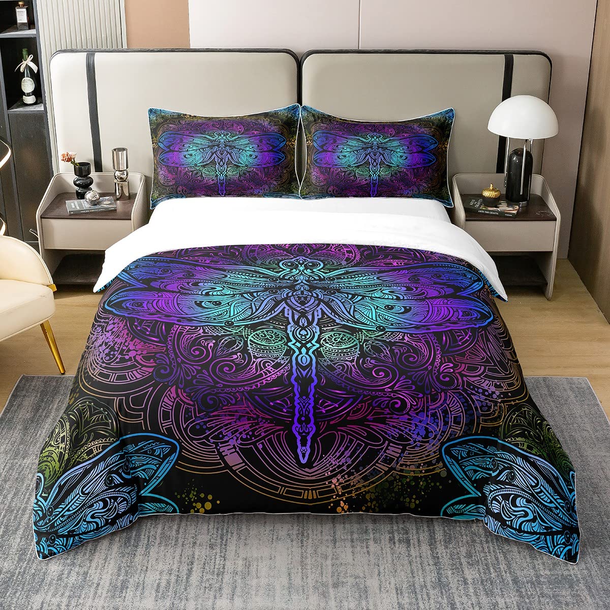 Erosebridal Bohemian Dragonfly 100% Cotton Duvet Cover King Mandala Paisley Bedding Set Purple Dragonfly Comforter Cover Tie Dye Trippy Gypsy Iridescent Chic Hippie Quilt Cover, 3 Pcs