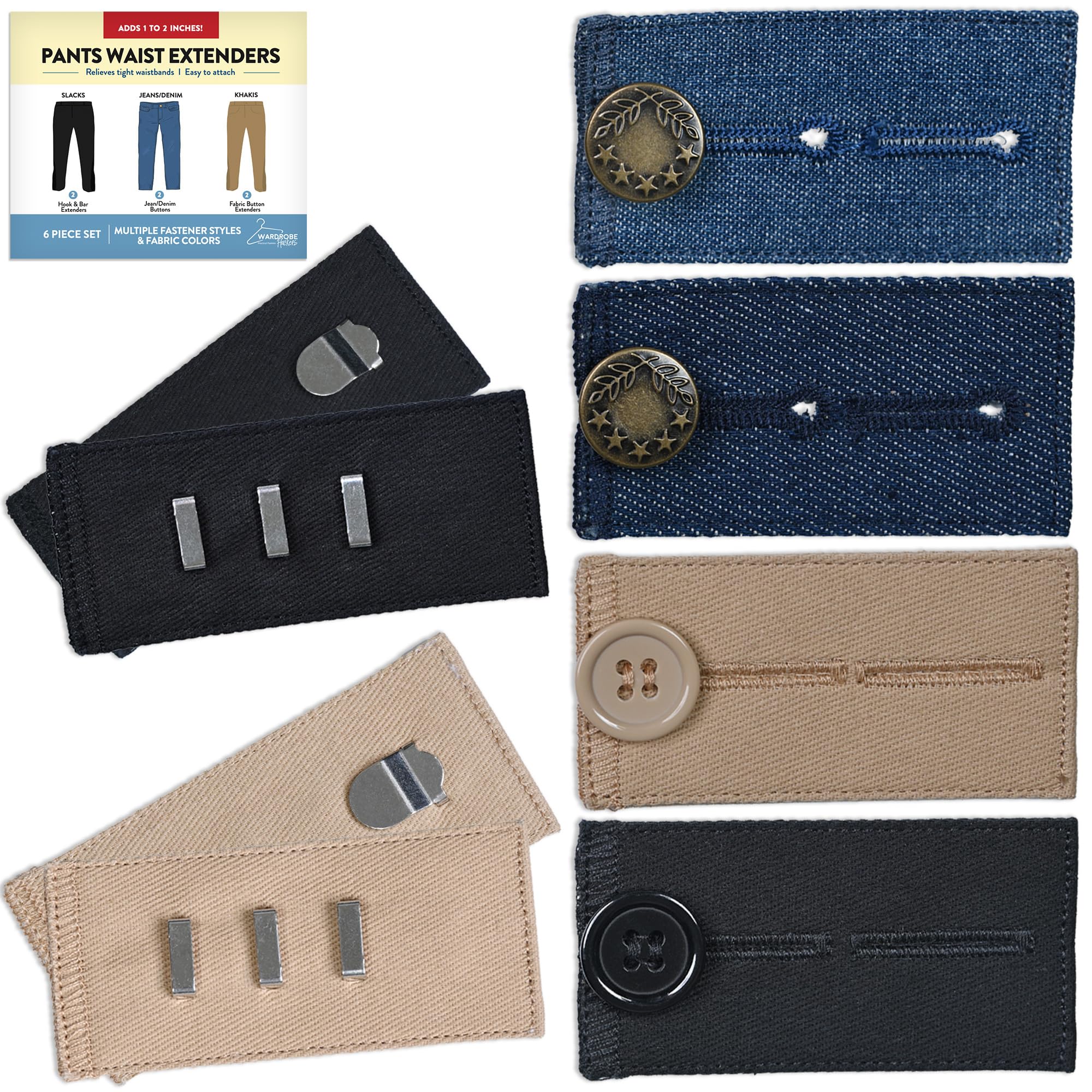 Button Extender for Pants Waist Extenders for Pants for Men and Women (6-Piece Multiple Styles) Adjustable Jeans Button Extender – Black Metal Hook Pants Khaki Waistband Expander by Wardrobe Hackers