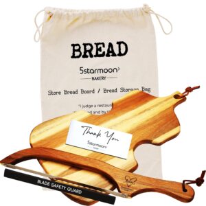 us designed - hand crafted wooden bread bow knife - acacia wood cutting board - bread saw - sourdough bread knife for homemade bread with linen storage bag- bread knife wooden bread cutting board