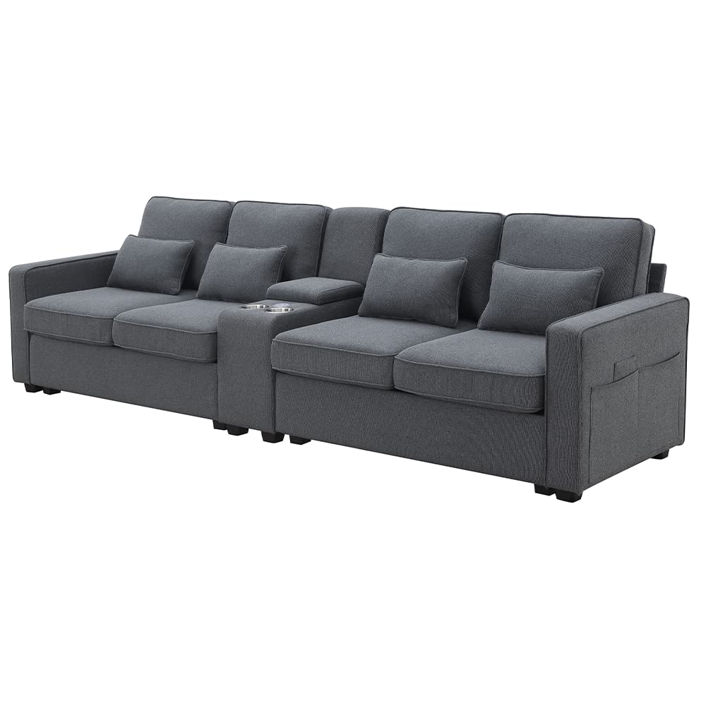 WILLIAMSPACE 114.2" Upholstered Sofa Couch for Living Room, Modern 4 Seater Sofa Fabric Couches with Storageable Coffee Table and 2 Cupholders, 2 USB Ports Wired or Wirelessly Charged (Dark Grey)