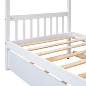 voqoomkl Twin Size Floor Bed with Twin Size Trundle, Wooden House Bed with Headboard and Footboard, Daybed with Roof Design and Wood Slats Supprt for Boys Girl Bedroom, No Box Springs Required, White